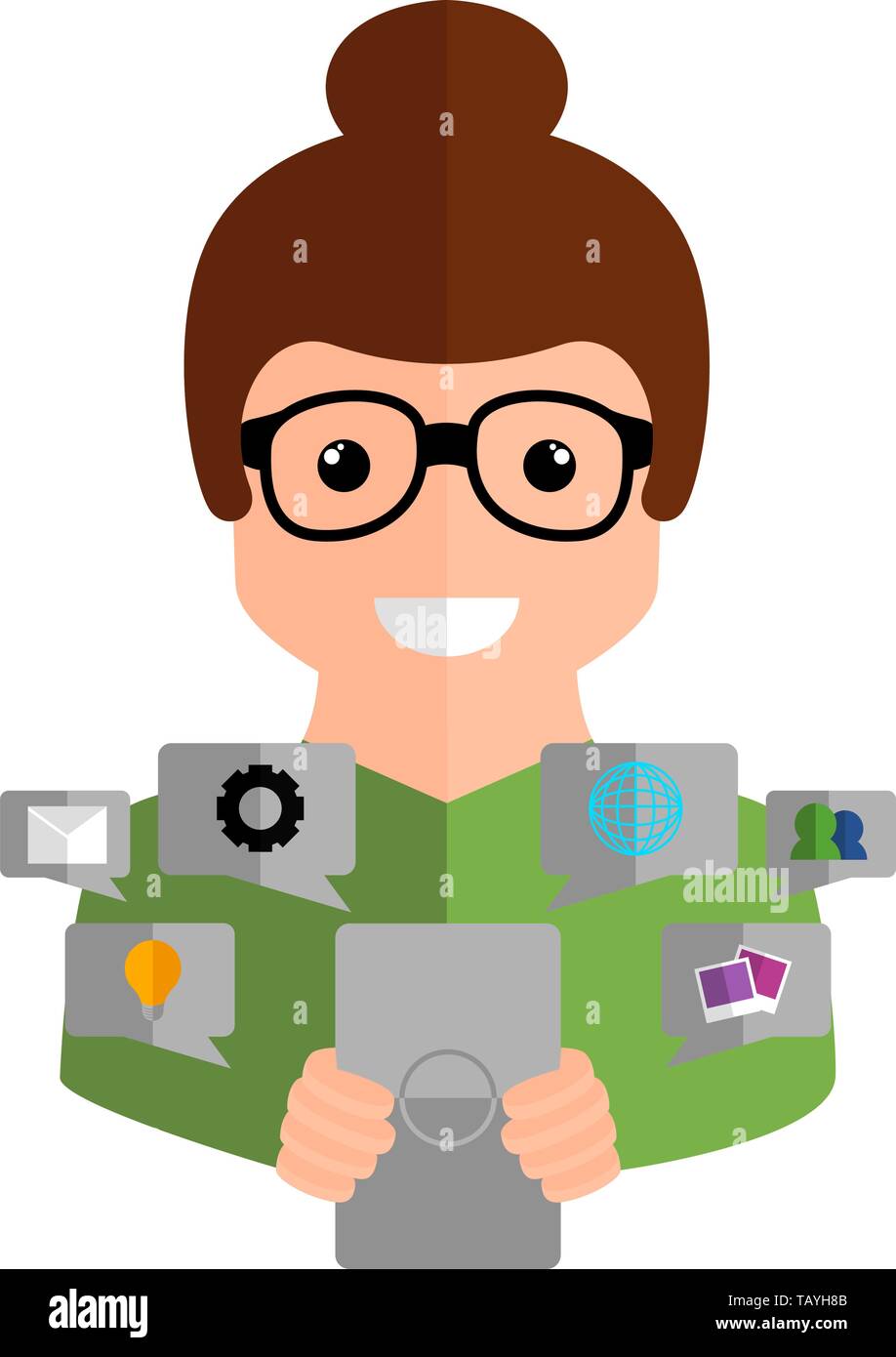 Community manager with a smartphone and social media icons - Vector ...