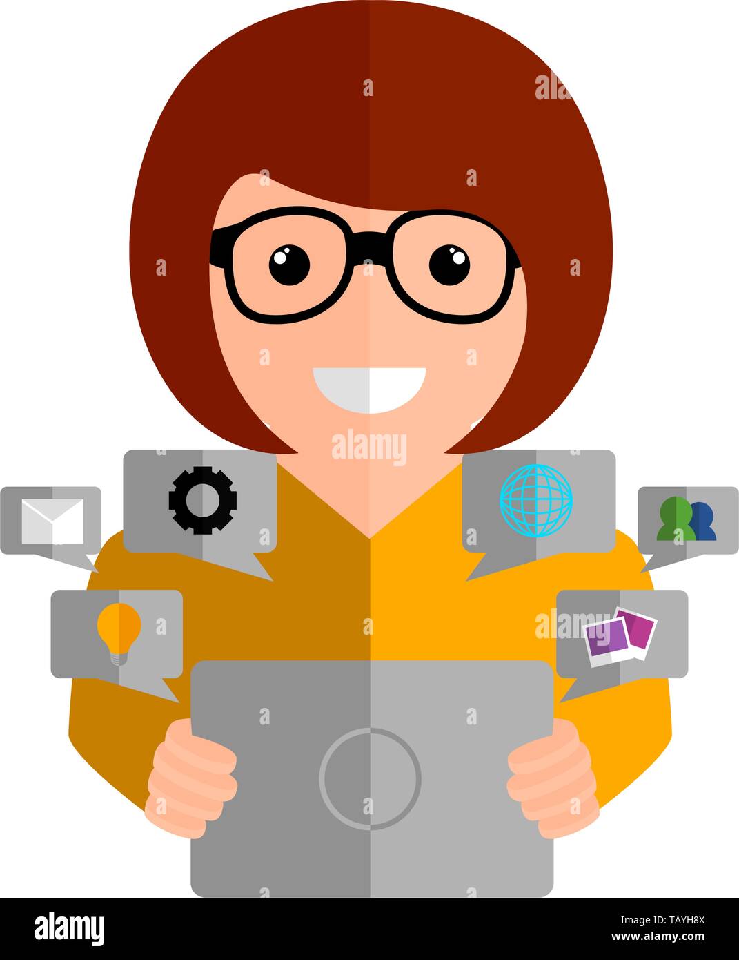 Community manager with a tablet and social media icons - Vector Stock ...