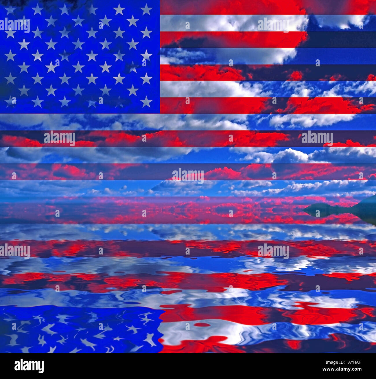 Surreal digital art. USA Flag over clouds reflected in the water Stock ...