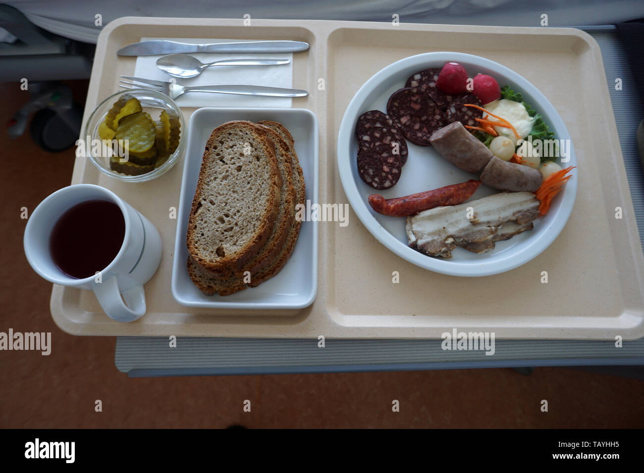 Dinner in a hospital in Germany with sausage and bread Stock Photo - Alamy