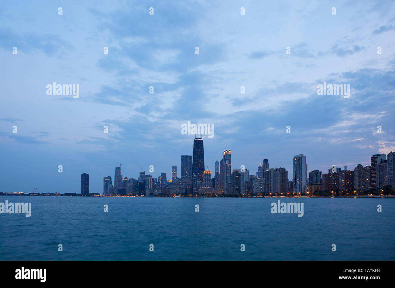 Chicago Skyline at blue hour, seen from the North beach, Chicago ...