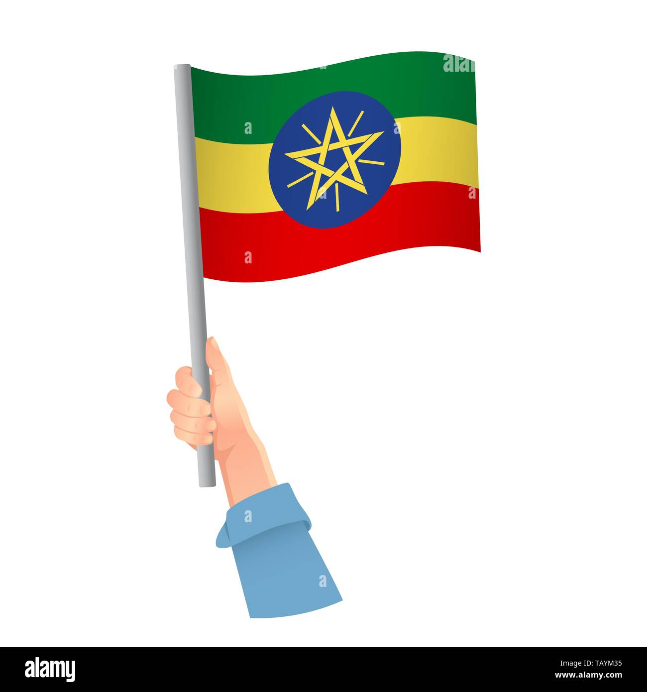 Ethiopia flag in hand. Patriotic background. National flag of Ethiopia ...