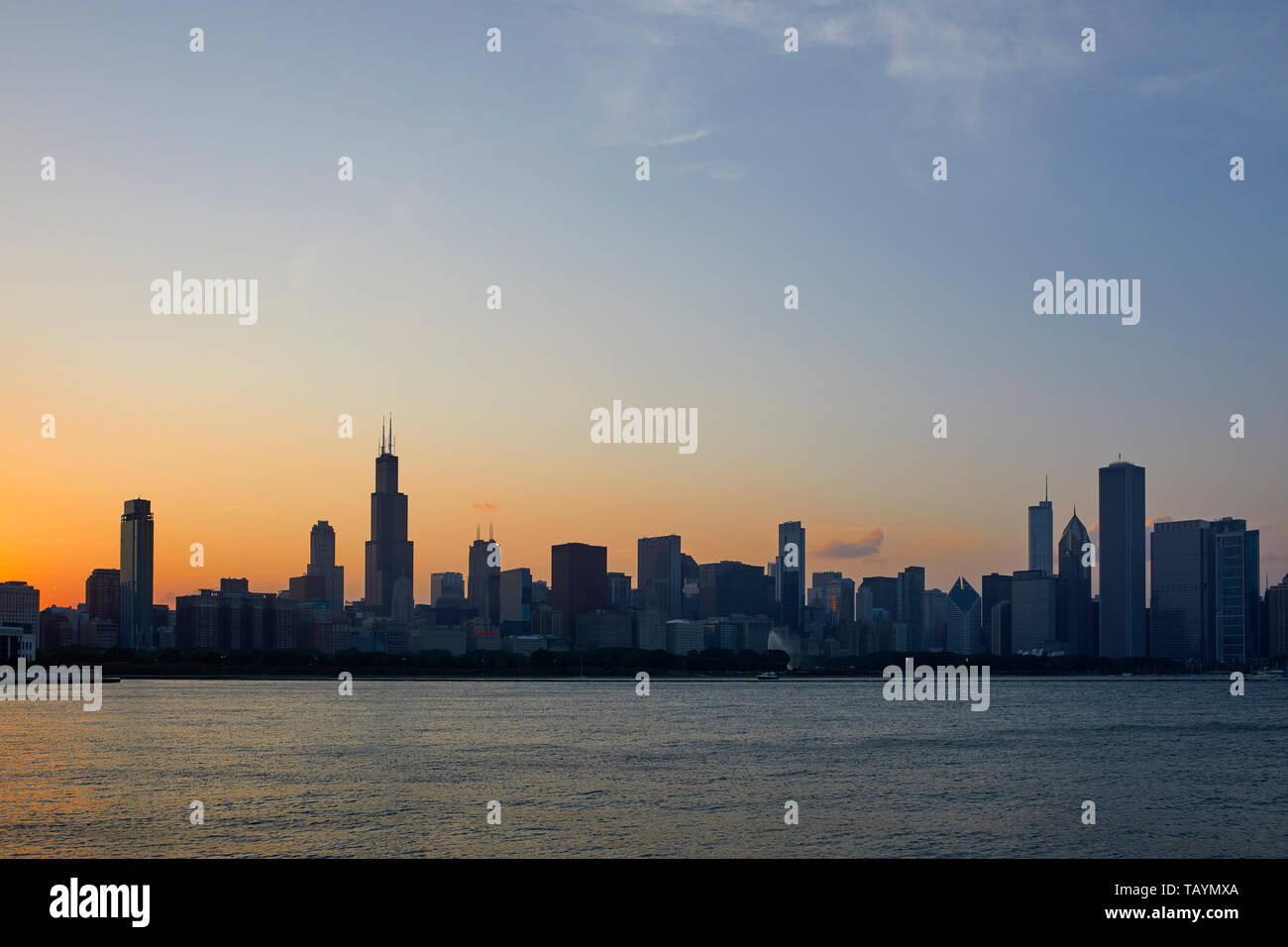Chicago Skyline at sunset, Chicago, Illinois, United States Stock Photo ...