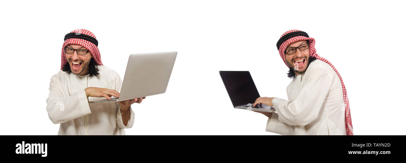 Arab man with laptop isolated on white Stock Photo - Alamy