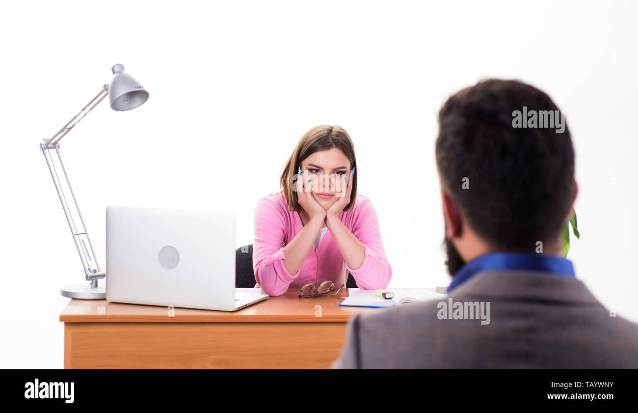 Future thinking. Pretty interviewer talking with job candidate in HR ...