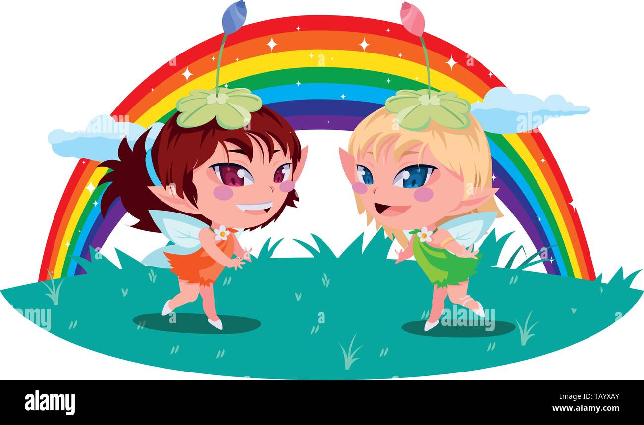 beautiful magic fairies with rainbow scene vector illustration design ...