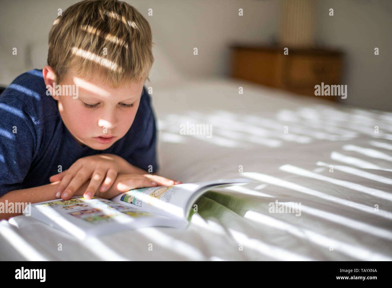 Young boy reading in his bedroom Stock Photo - Alamy