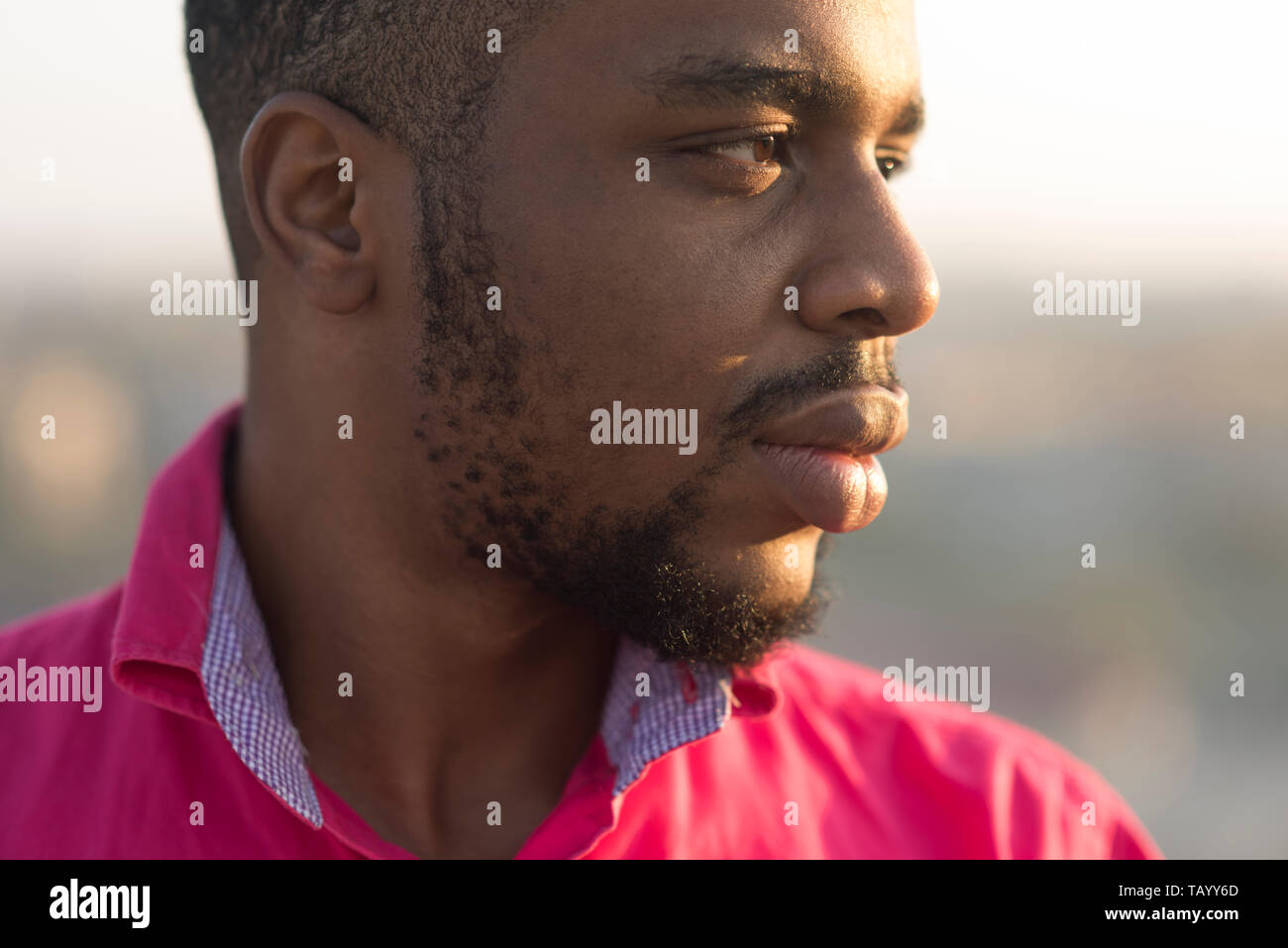 Man With Beard And Mustache At Sunset Urban Background Defocused Man
