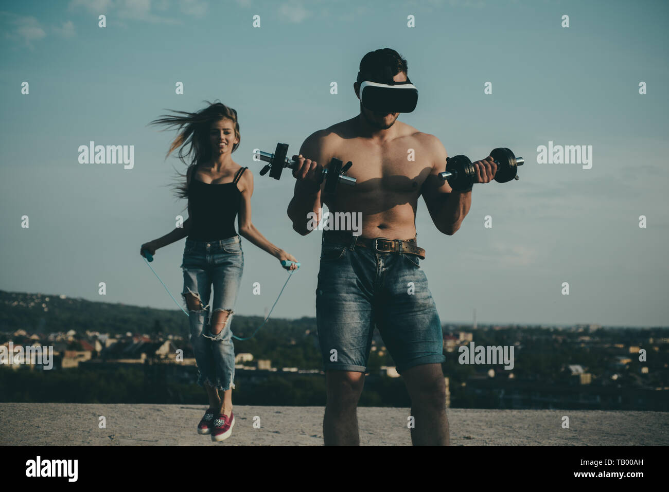 Athletes on fresh air. Athletes training together. Athlete man wear vr ...