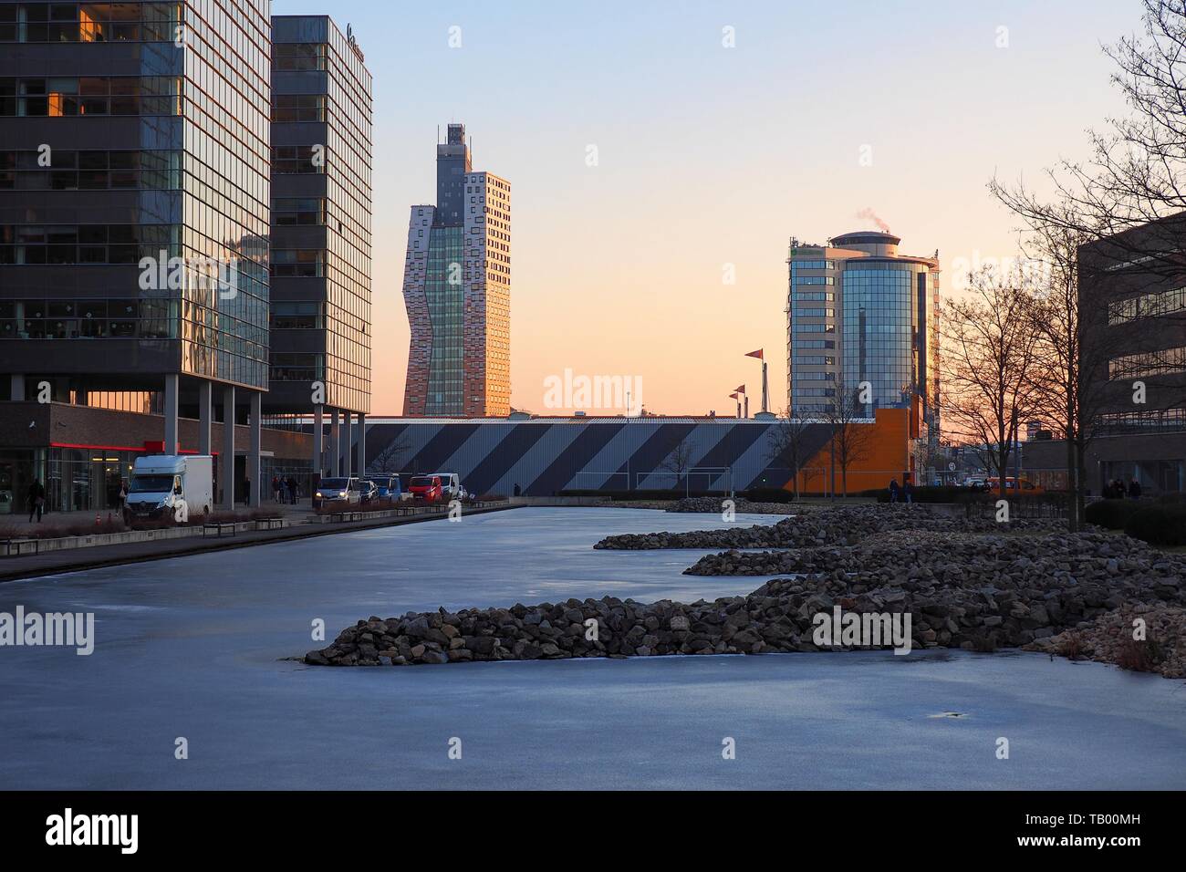 Modern architecture of city buildings at sunset, Brno, Czech republic ...