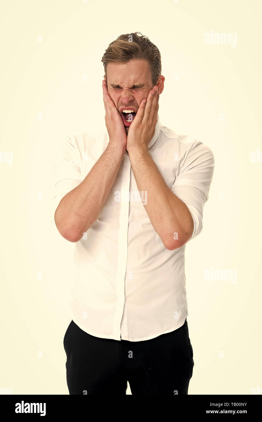 Overwhelmed concept. Man yawning face formal shirt white background ...