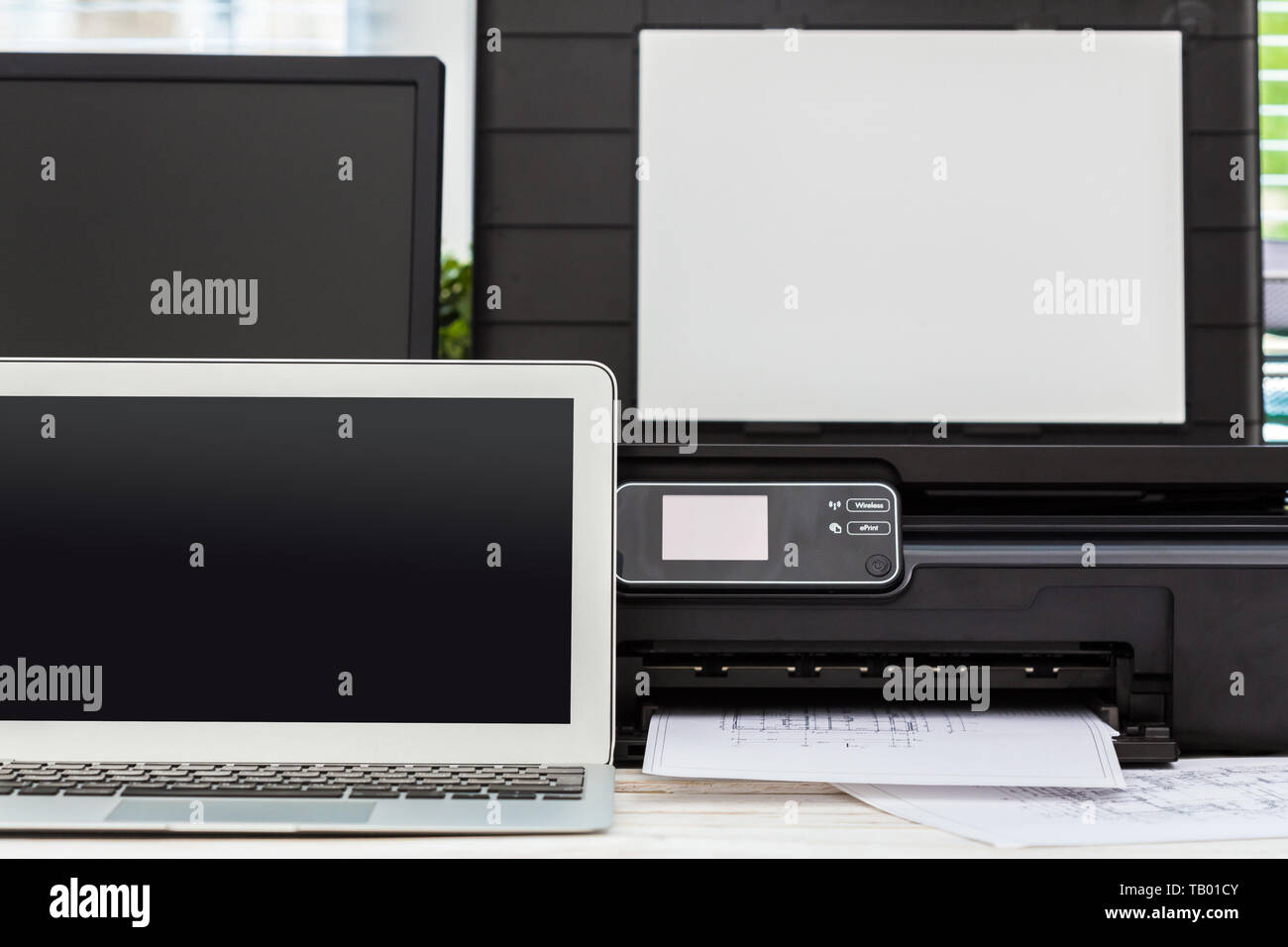 Printer and computer. Office table Stock Photo - Alamy