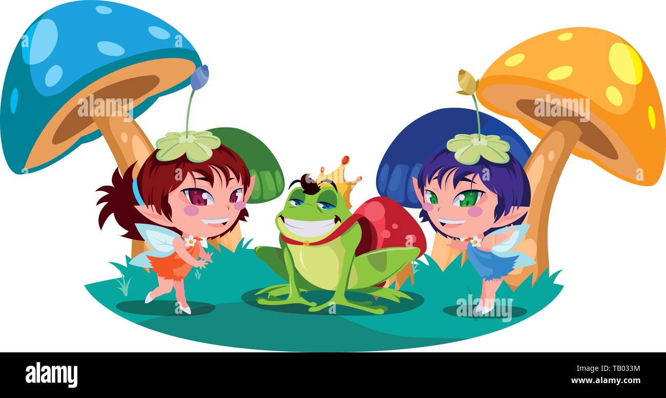 beautiful magic fairies with toad prince in the garden vector ...
