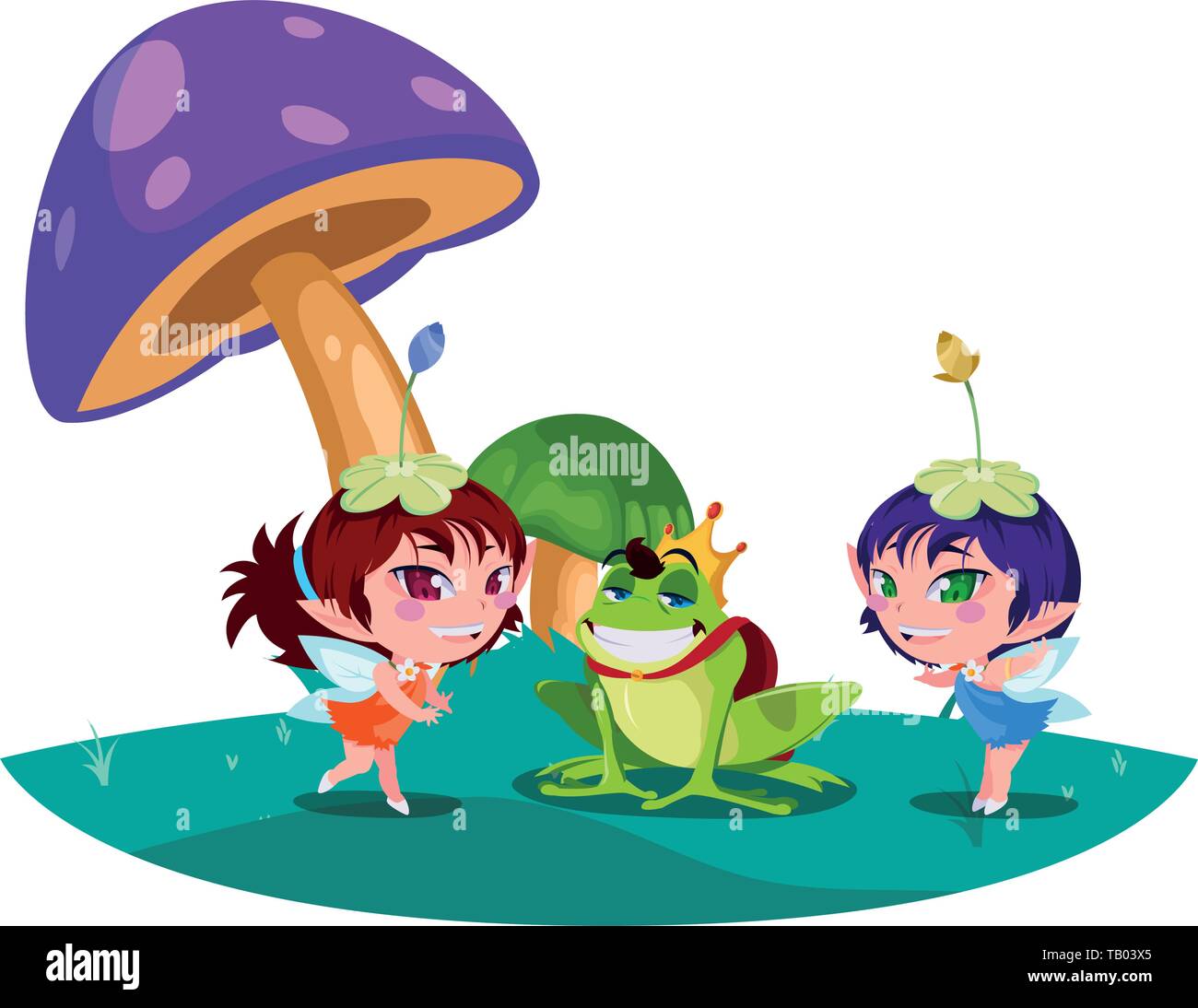 beautiful magic fairies with toad prince in the garden vector ...
