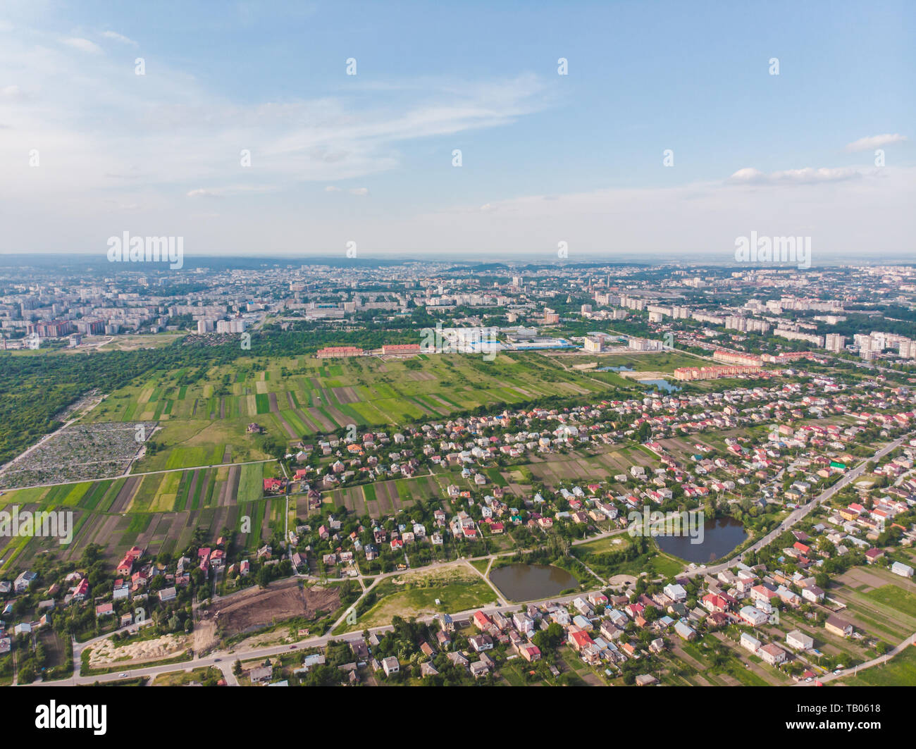 aerial view of fields with village near it. summer landscape Stock ...