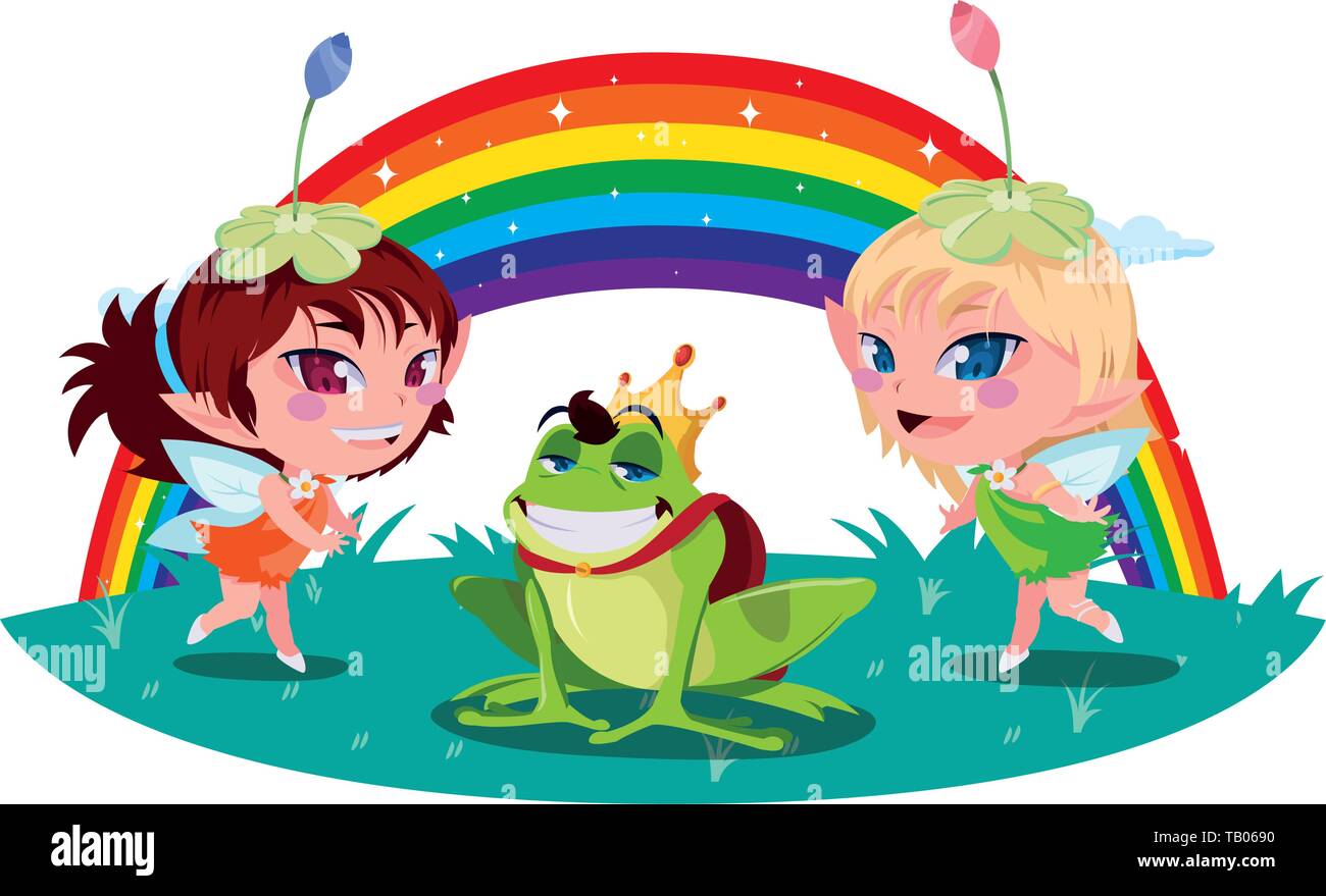 beautiful magic fairies with toad prince and rainbow scene vector ...