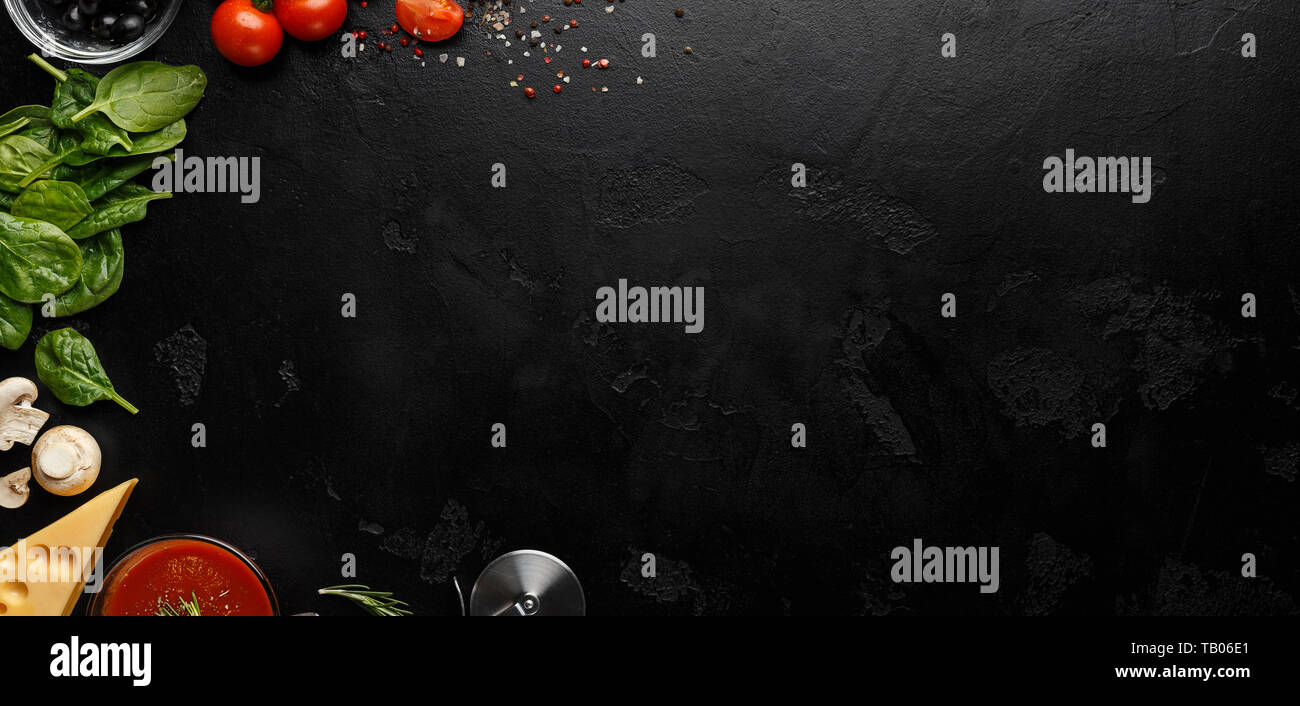 Space For Recipe. Pizza Cooking Ingredients On Black Background Stock ...