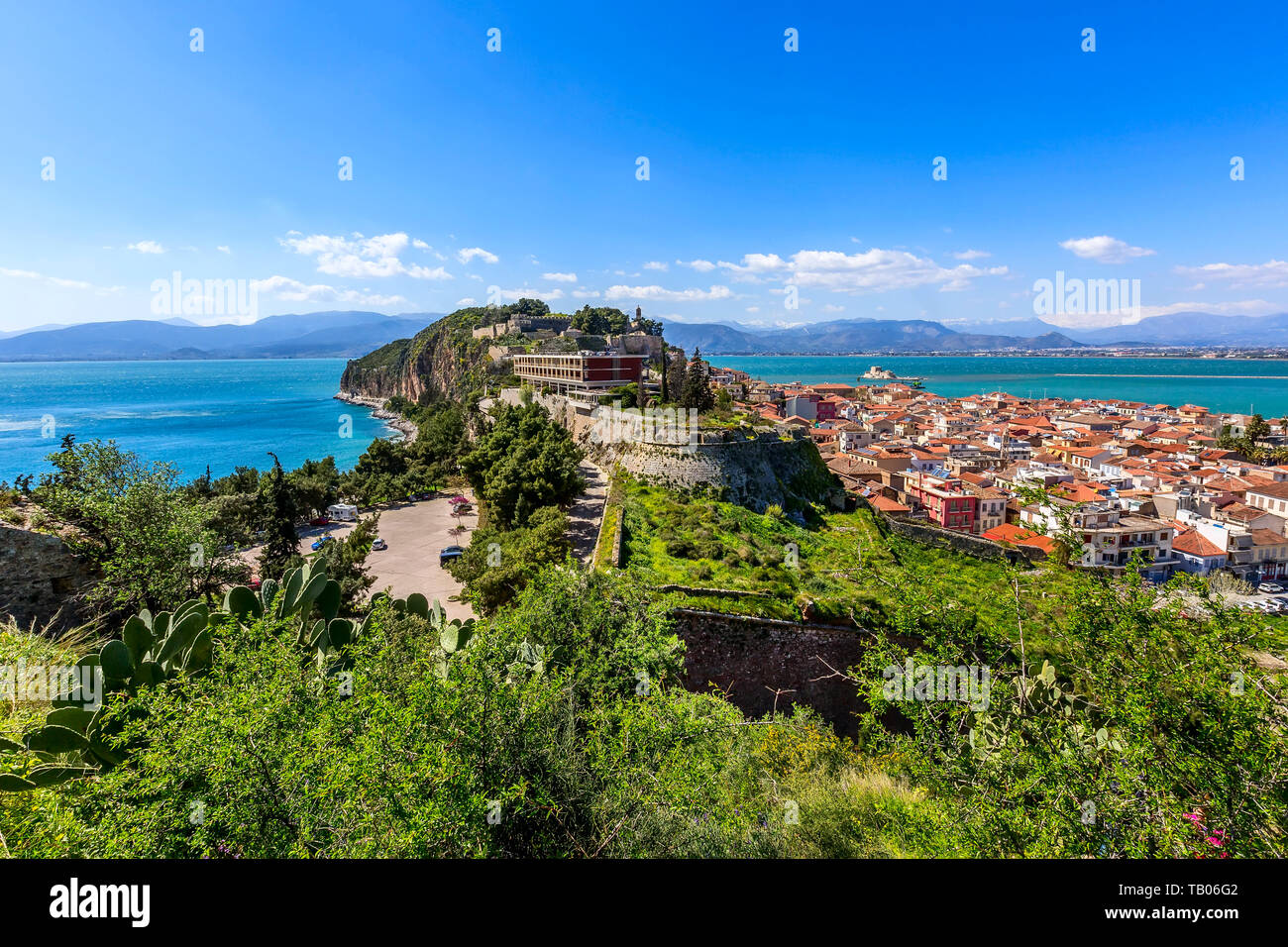 Nafplio or Nafplion, Greece, Peloponnese old town aerial panorama with ...