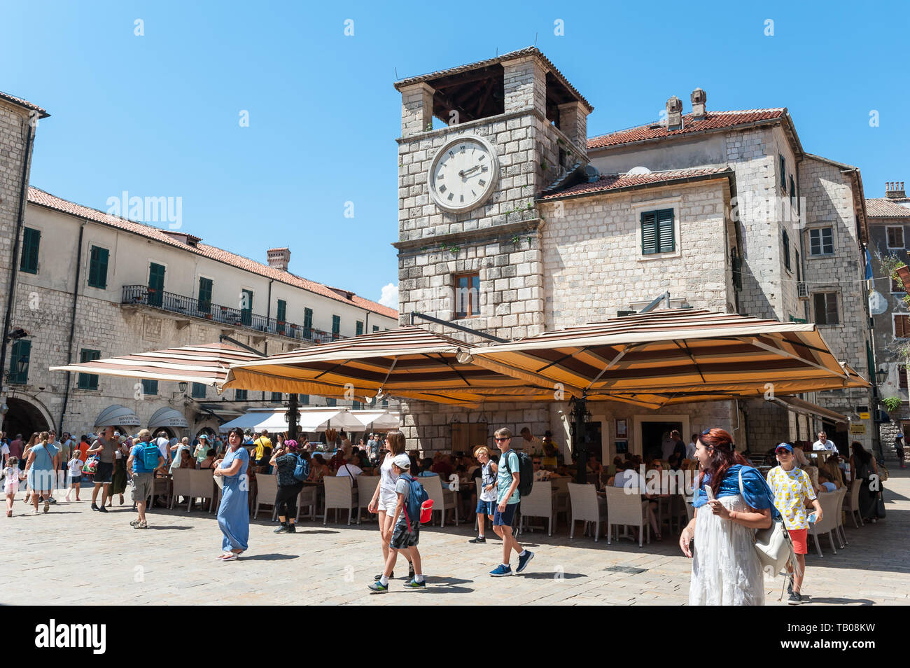 Clock tower on Trg od Oružja (The Arms Square) in the Old Town in Kotor ...