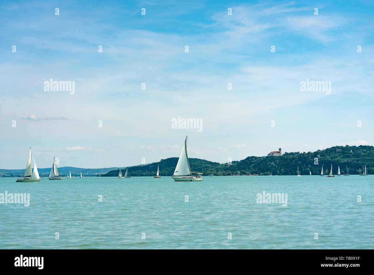 sail boats on the lake Balaton view of Tihany church from Balatonfured ...
