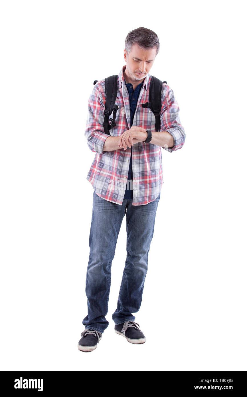 Middle-aged man or senior citizen checking heart rate pulse with health ...