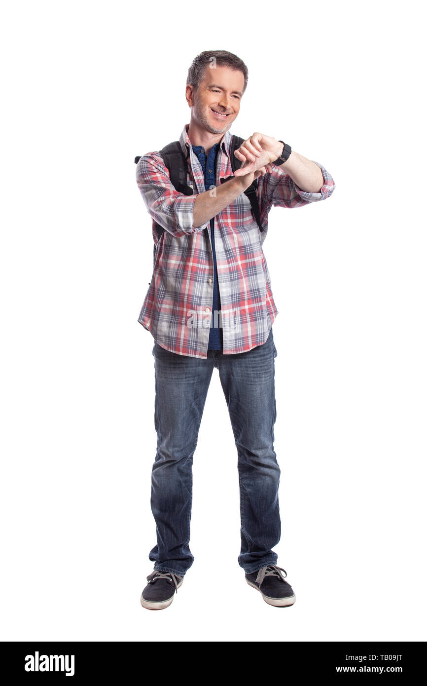 Middle-aged man or senior citizen checking heart rate pulse with health ...