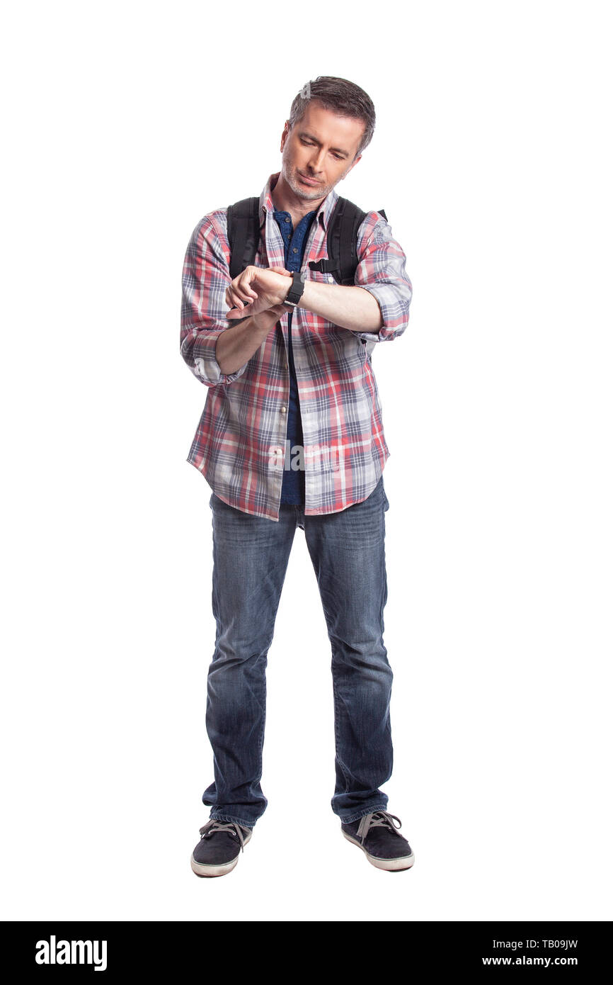 Middle-aged man or senior citizen checking heart rate pulse with health ...