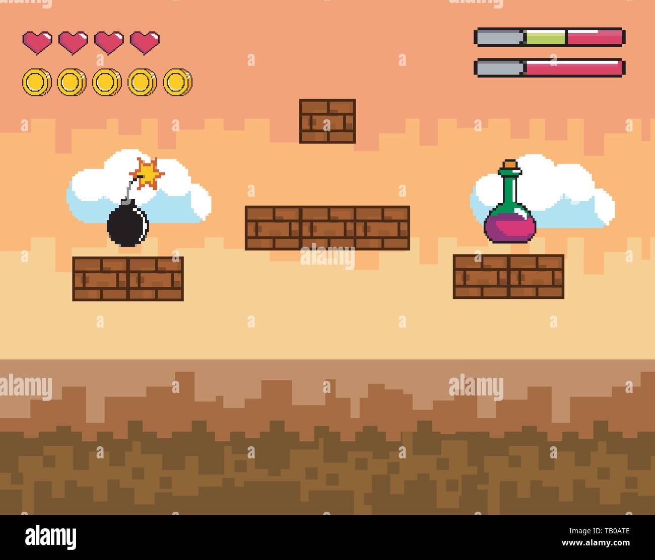 pixelated videogame scene with potion and bomb with life bar vector ...