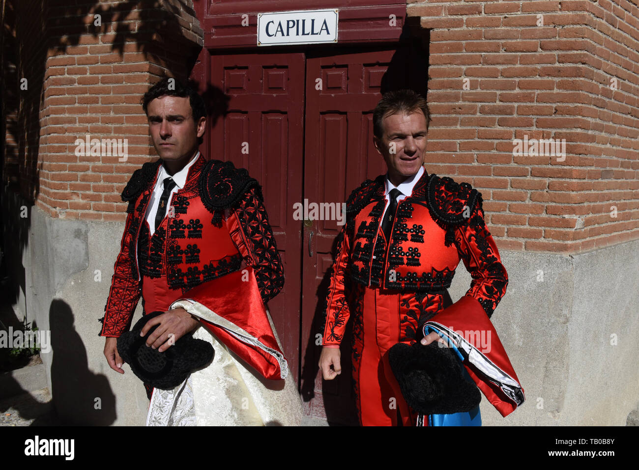 Spanish bullfighters are seen before a bullfight at the Las Ventas ...
