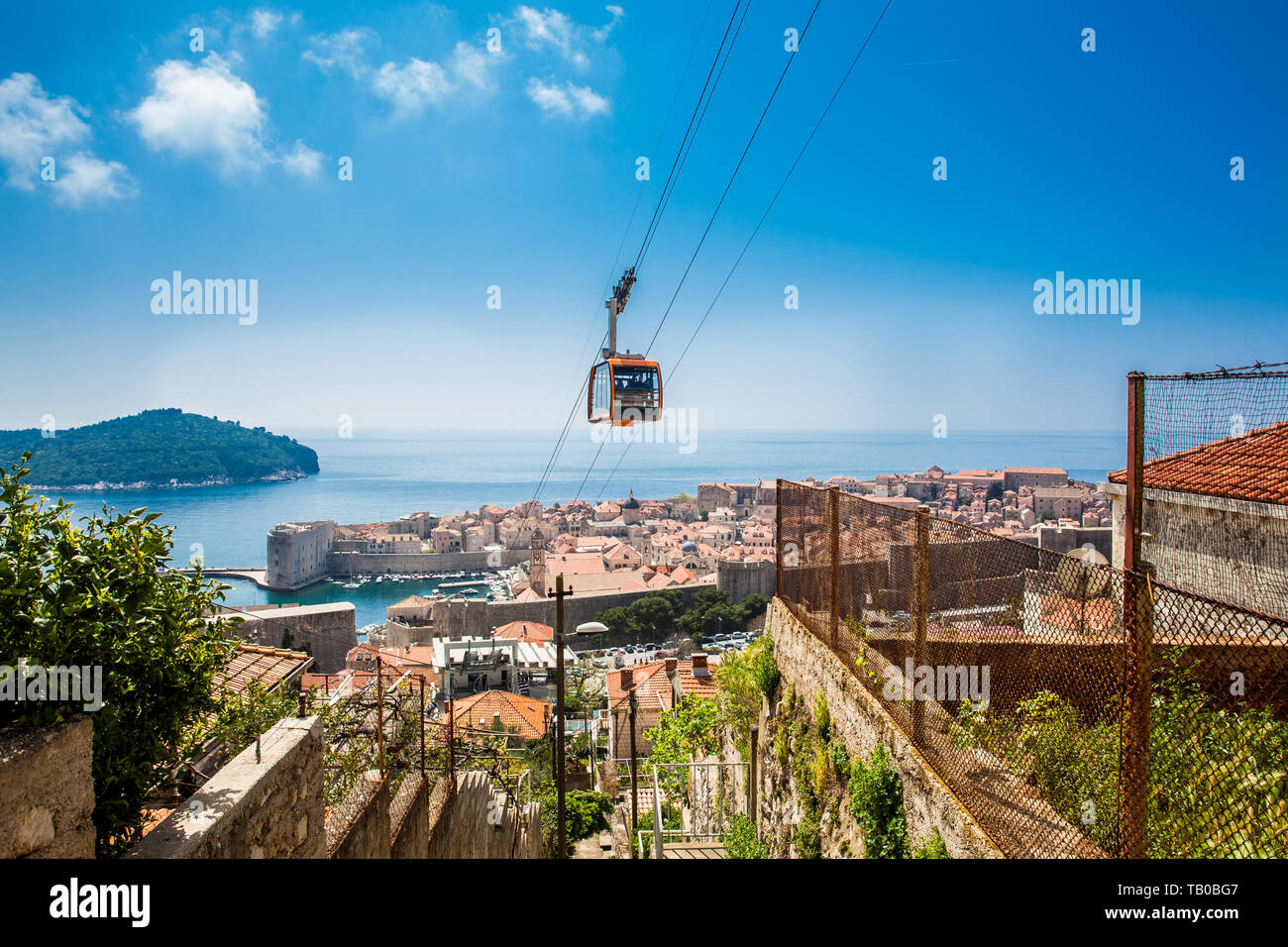 View of Dubrovnik city and cable car taken from Mount Srd Stock Photo ...