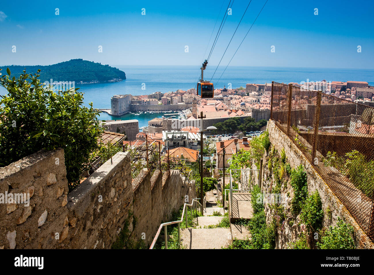 View of Dubrovnik city and cable car taken from Mount Srd Stock Photo ...