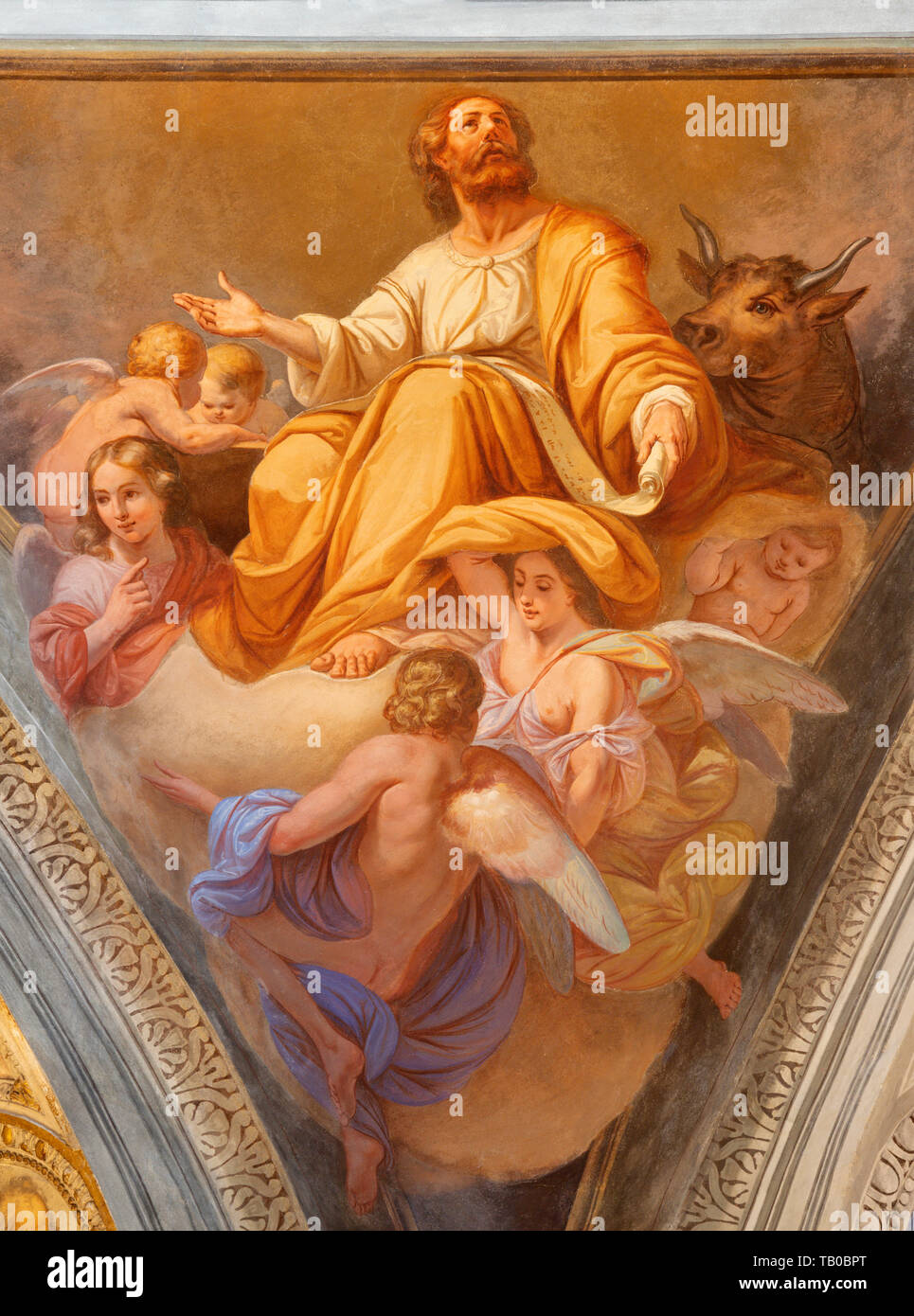 COMO, ITALY - MAY 8, 2015: The fresco of St. Luke the evangelist in ...