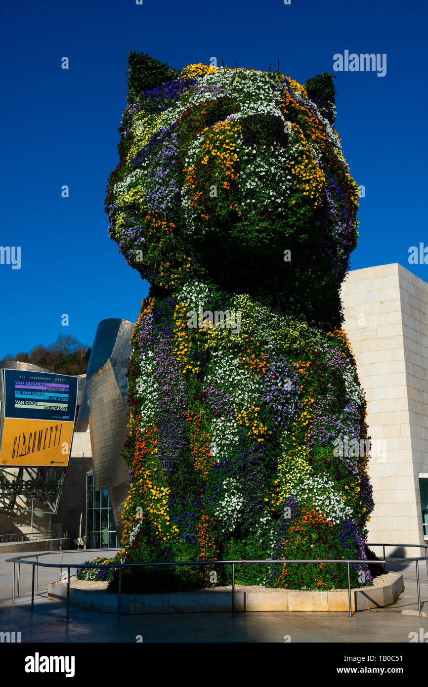 Bilbao, Spain. February 13, 2019. Puppy sculpture covered with flowers ...