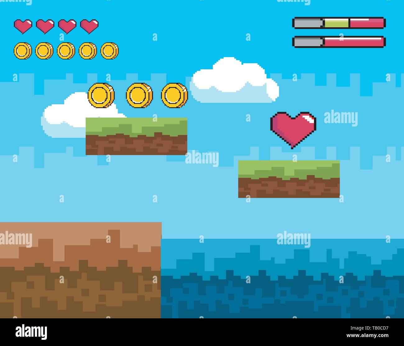 pixelated videogame scene with coins and heart with life bar vector ...