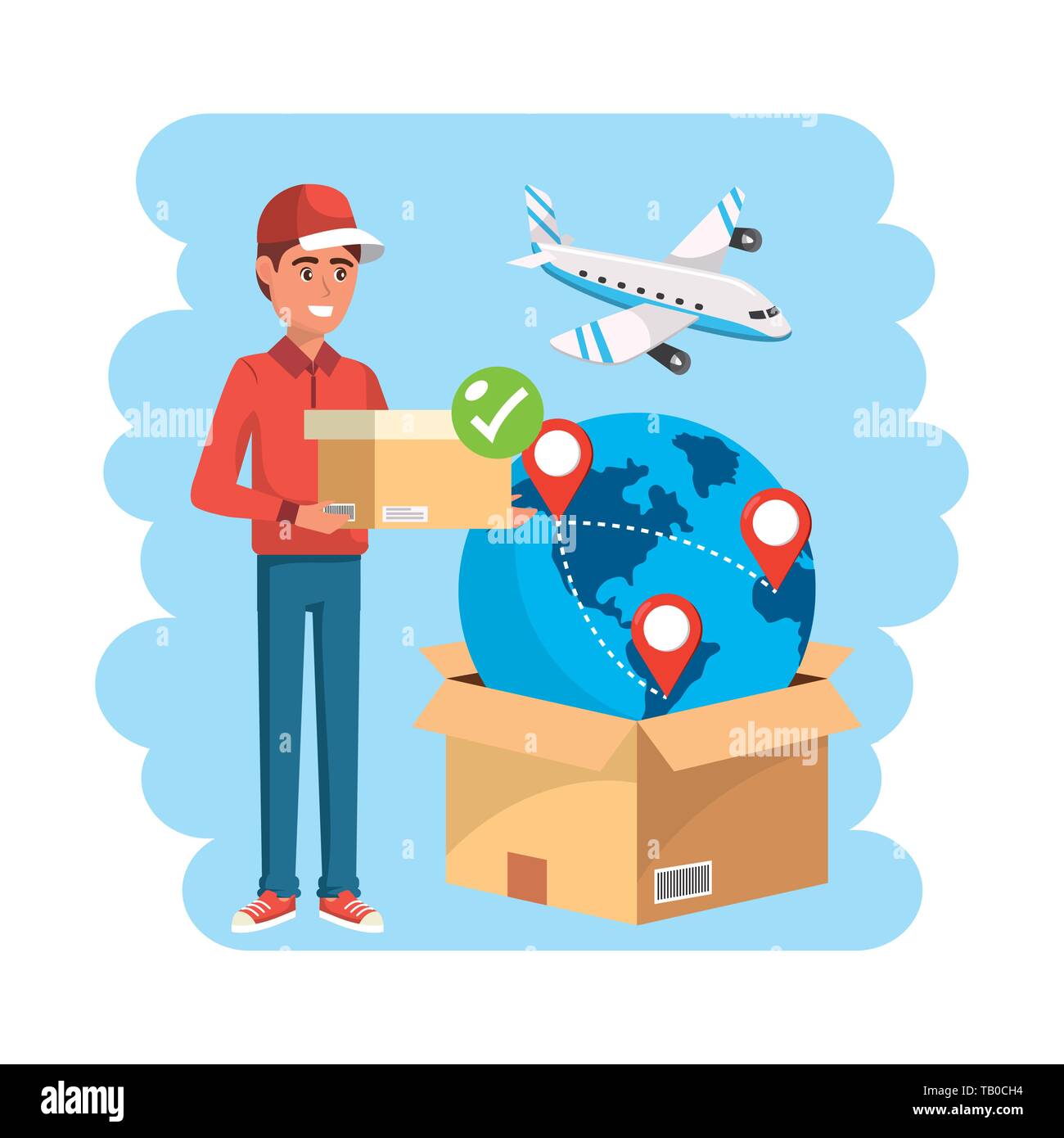 delivery man with box service distribution and airplane with global map ...