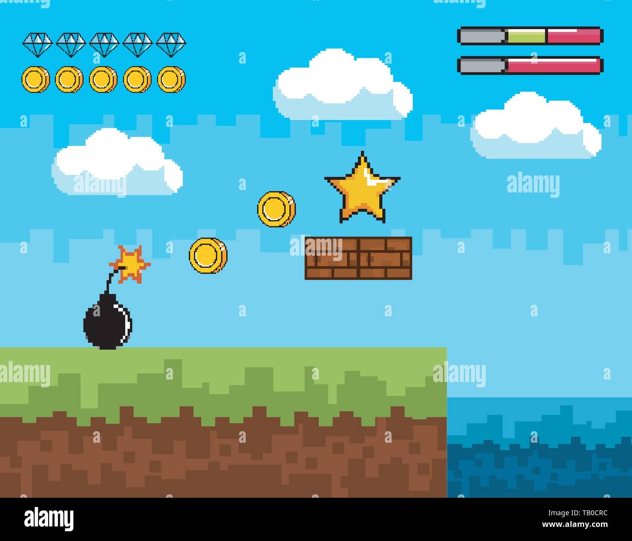 pixelated videogame scene with star and coins with bomb vector ...