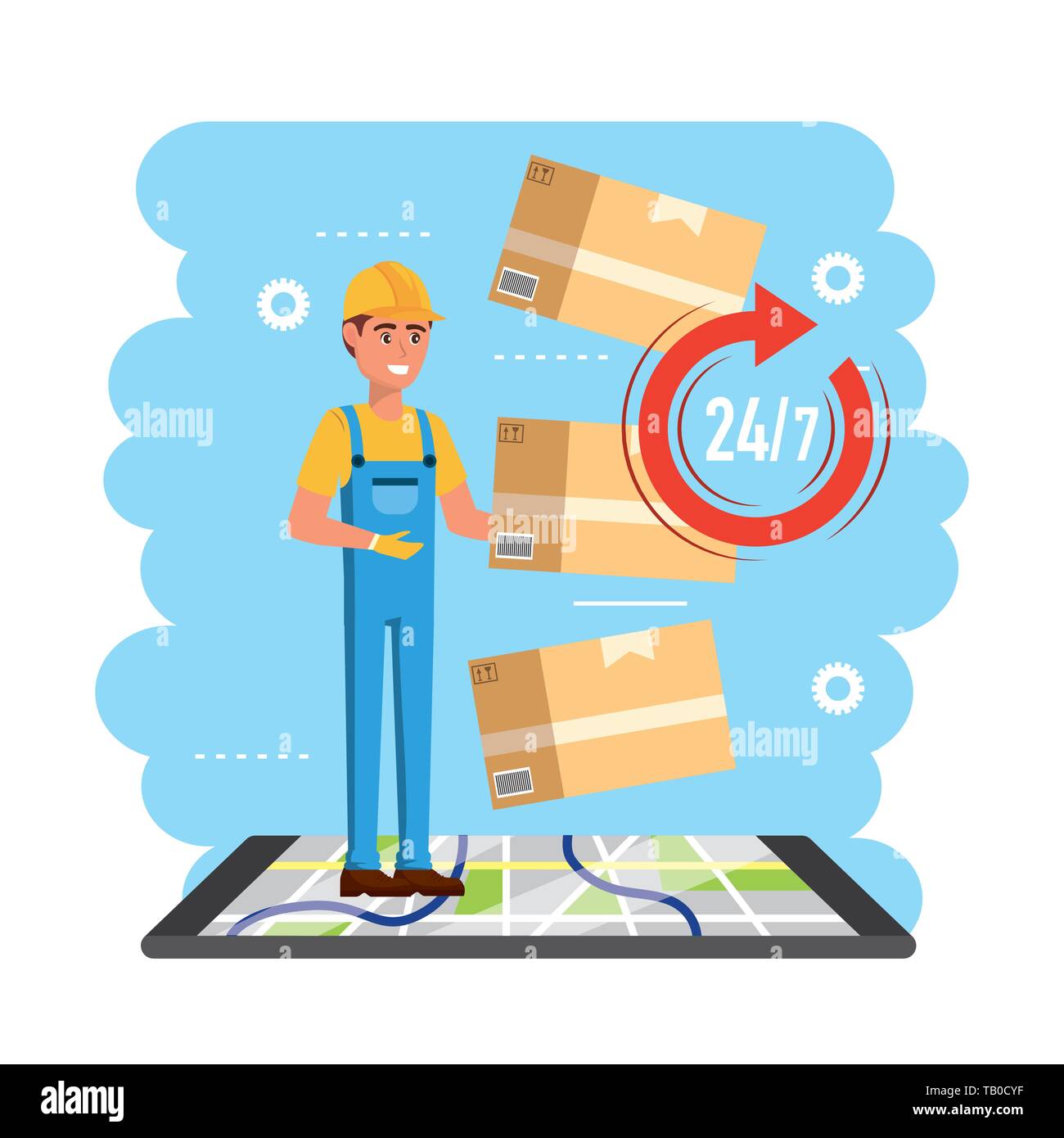 delivery man with boxes packages service and smartphone map location ...