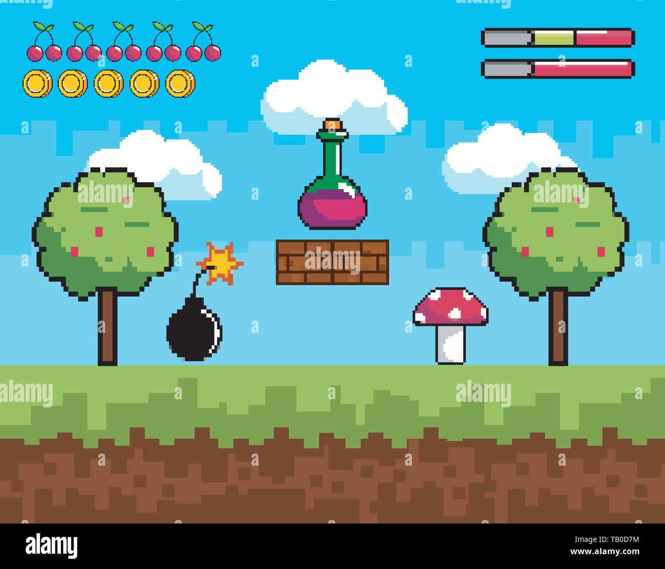 pixelated videogame scene with potion and fungus with bomb vector ...