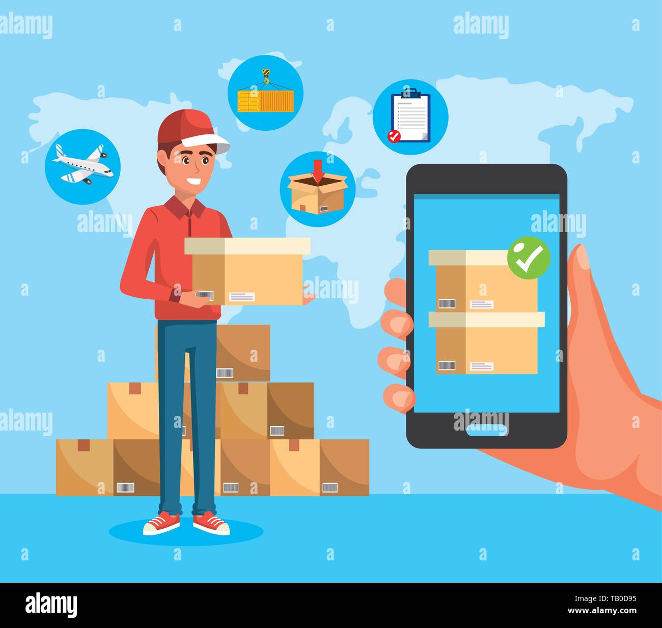 delivery man with boxes service and smartphone technology in the hand ...