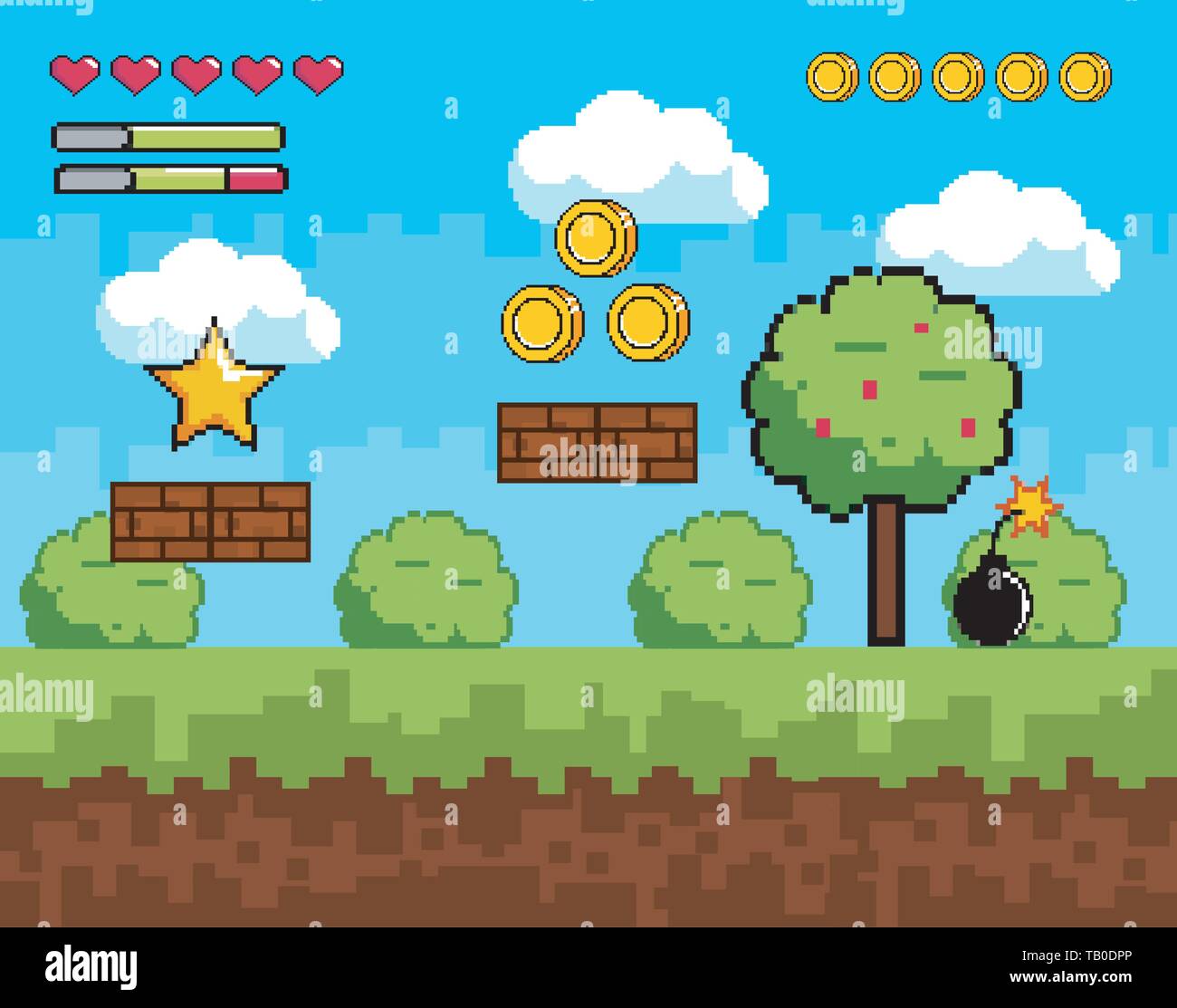 pixelated videogame scene with bushes plants and tree with coins and ...