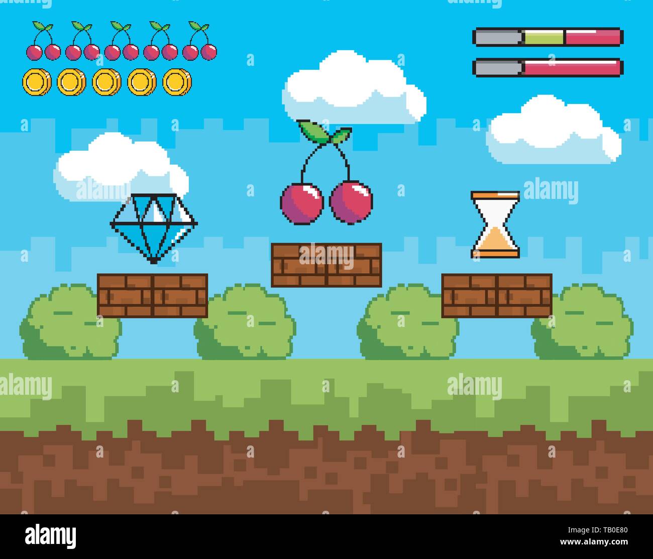 pixelated videogame scene with diamond and cherry with hourglass cursor ...