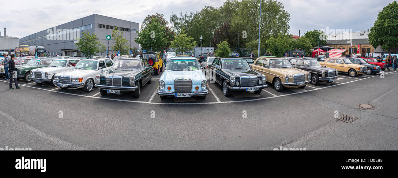 BERLIN - MAY 11, 2019: Panoramic view of a range of classic Mercedes ...