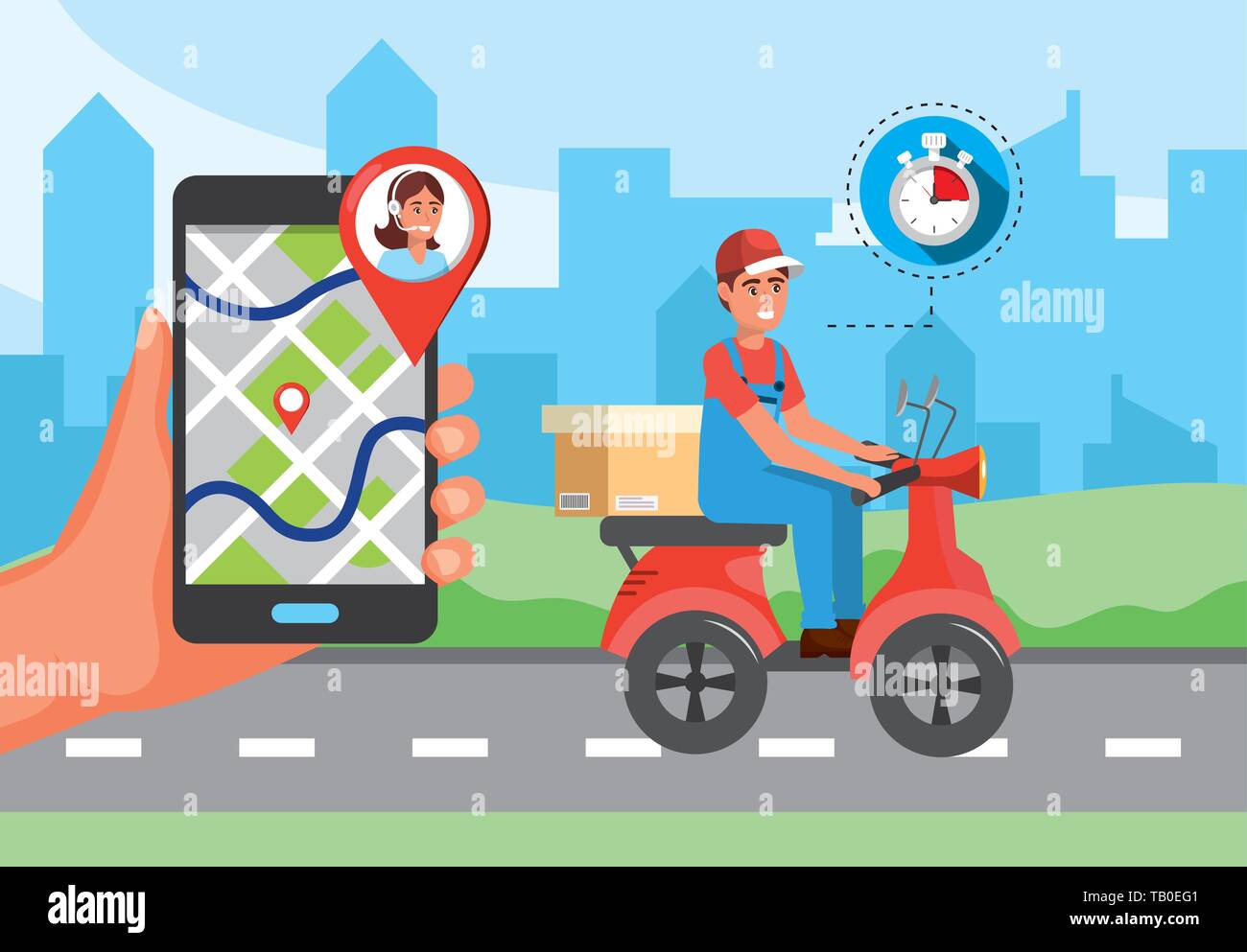delivery man with package transport service and hand with smartphone ...