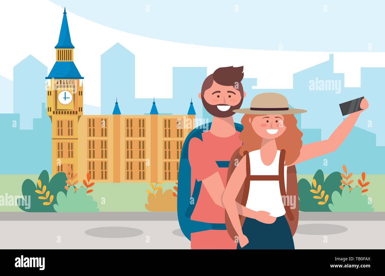 woman and man couple taking a picture with backpack in the big ben ...