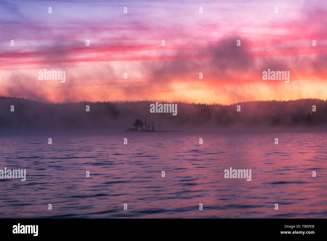 Stunning image of the foggy lake. Dramatic morning sunrise scene Stock ...