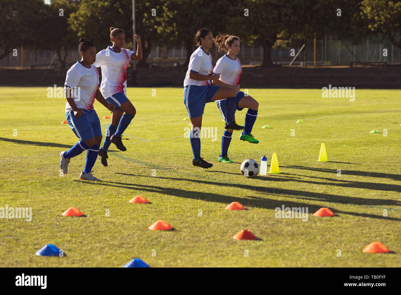 Female soccer players doing warm-up exercise on the field Stock Photo ...