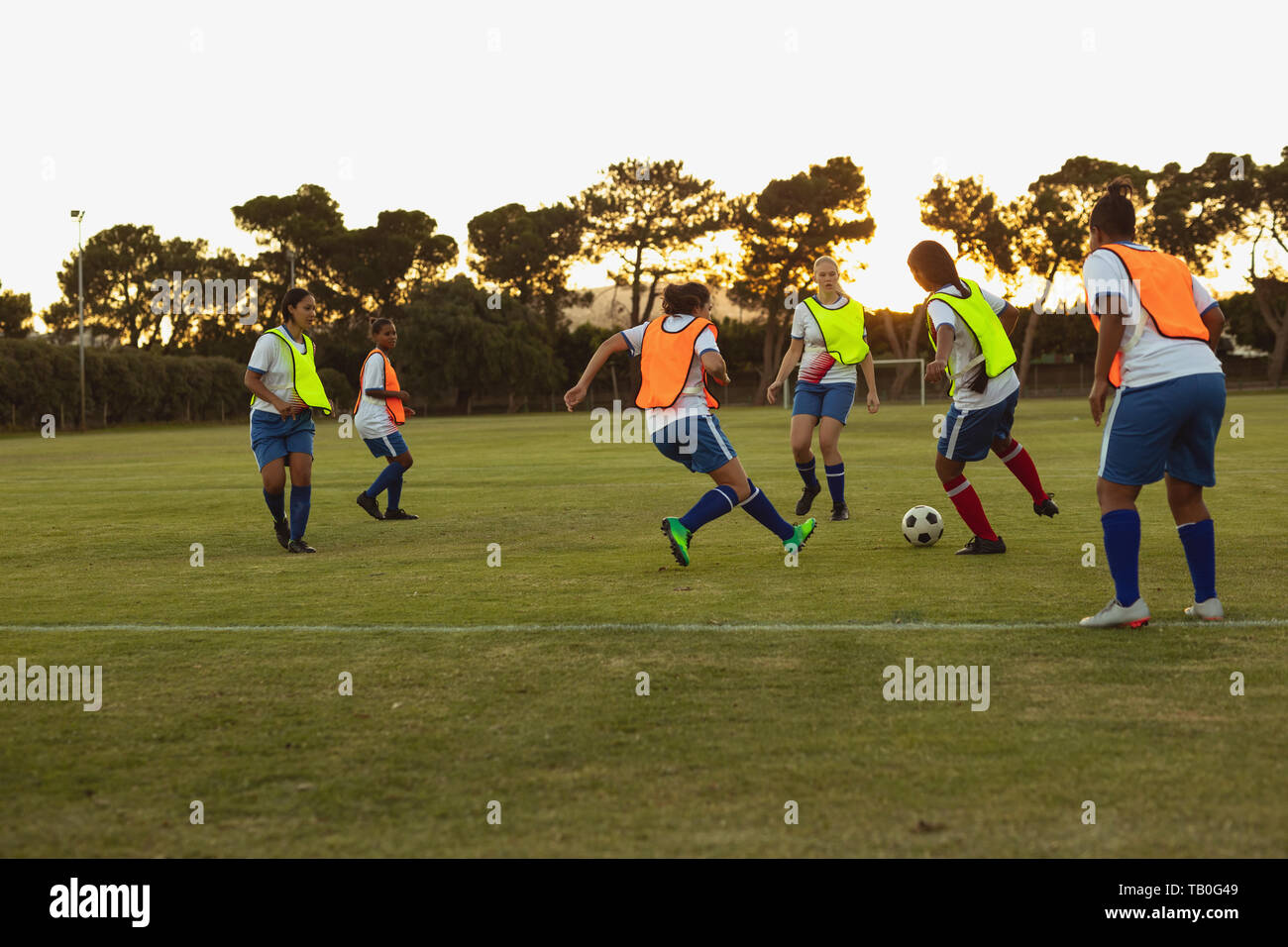 Soccer players playing football in sports field Stock Photo - Alamy