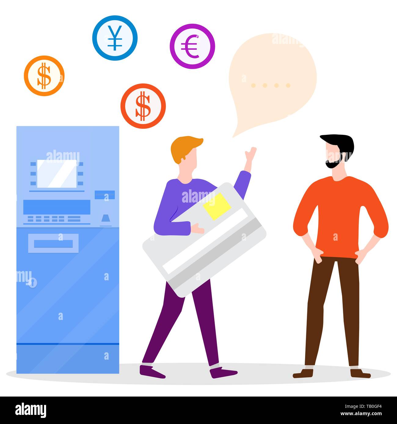 Vector illustration with people near ATM. Man with bank card, male ...