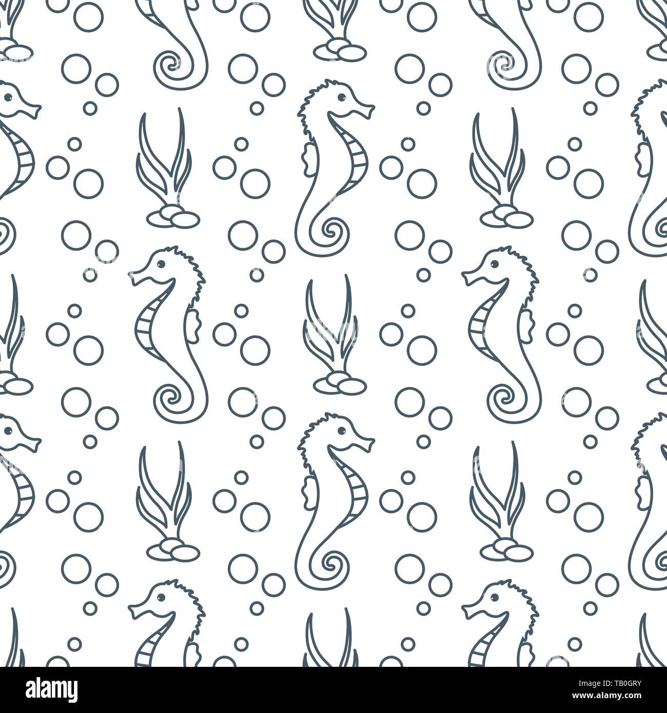 Vector seamless pattern with sea horses, underwater plants and bubbles ...