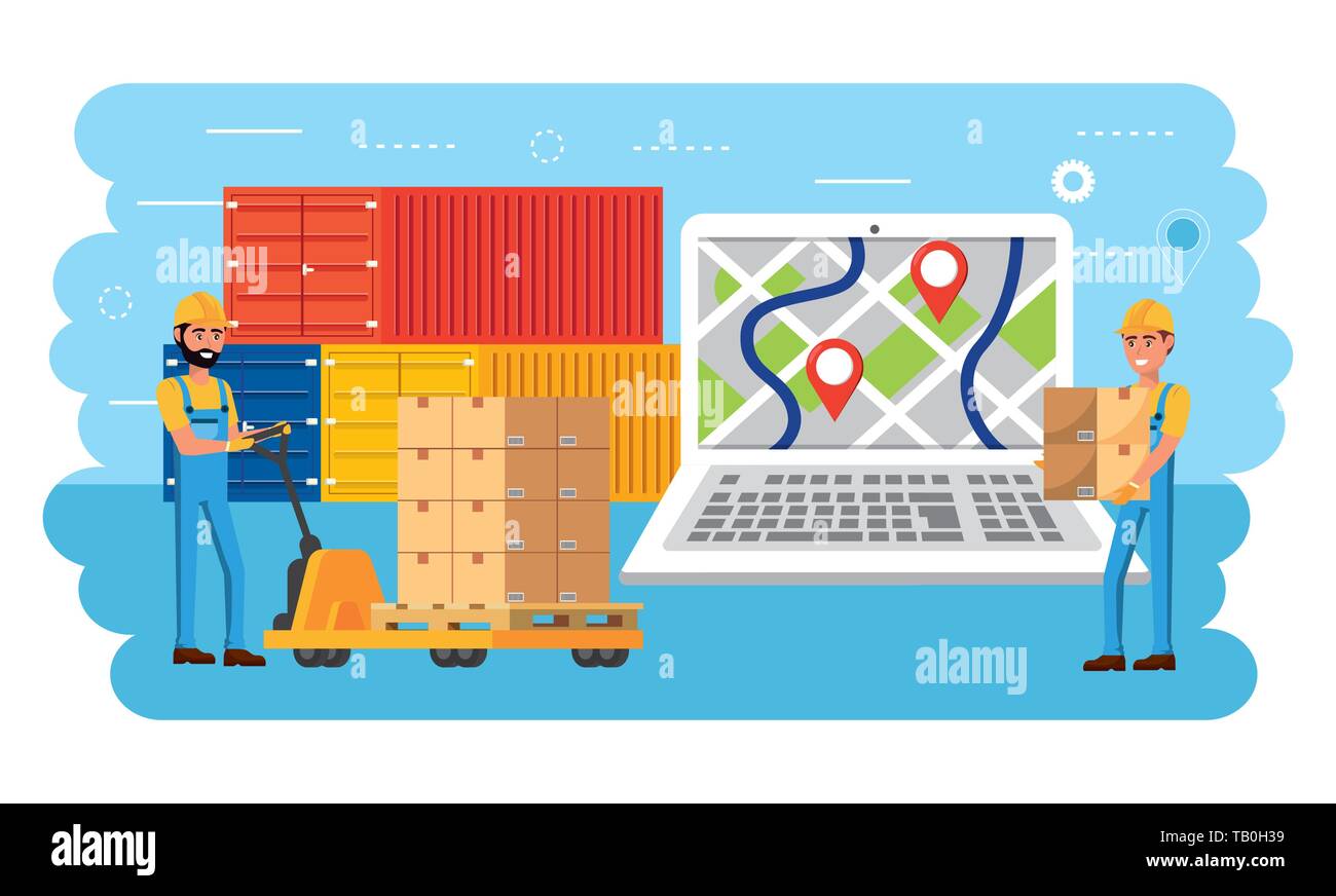 delivery men with packages distribution service and laptop map location ...